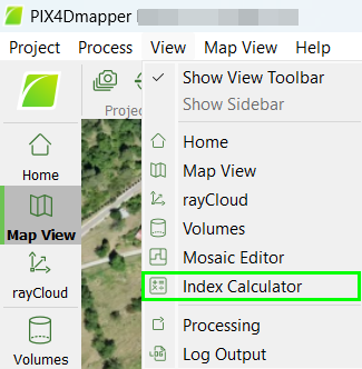 Menu View > Index Calculator > Sidebar > 1. Reflectance Map - PIX4Dmapper